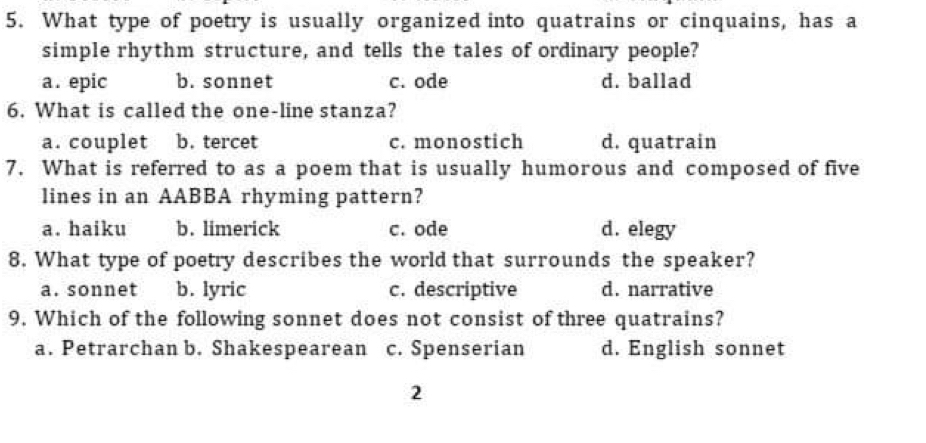 Solved: What type of poetry is usually organized into quatrains or ...