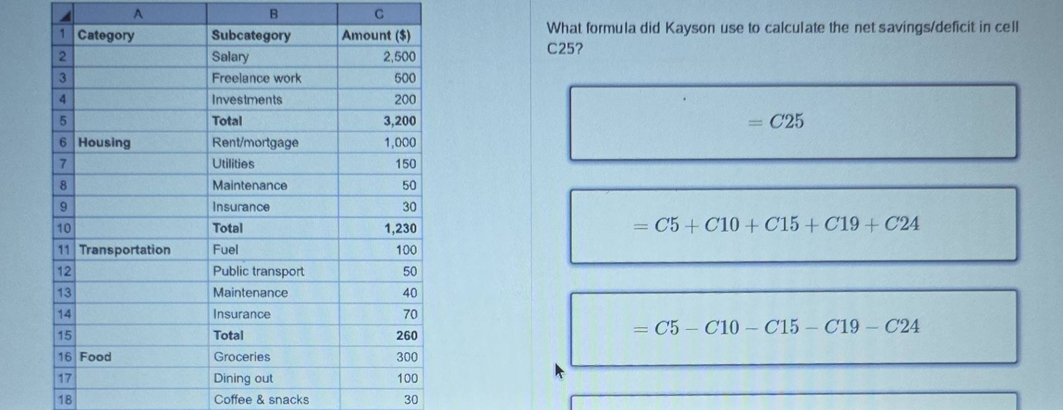 Solved: A B C What formula did Kayson use to calculate the net savings/deficit in cell C25? =C25 ...