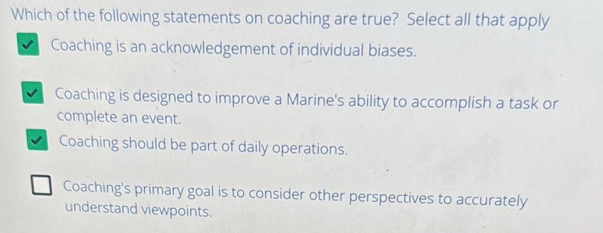 Solved: Which of the following statements on coaching are true? Select ...