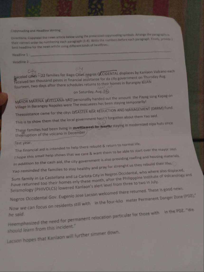 Solved: Copyreading and Headline Writing Directions: Copyread the news ...