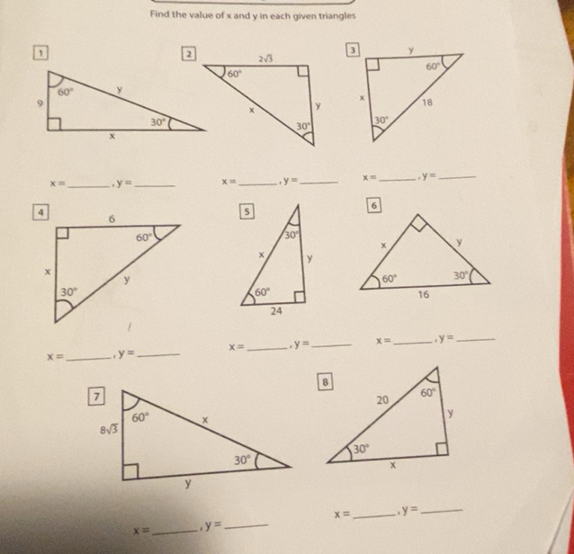 Solved: Find the value of x and y in each given triangles 1 x= _ y= _ x= _ y= _ x= _ y= _ x ...