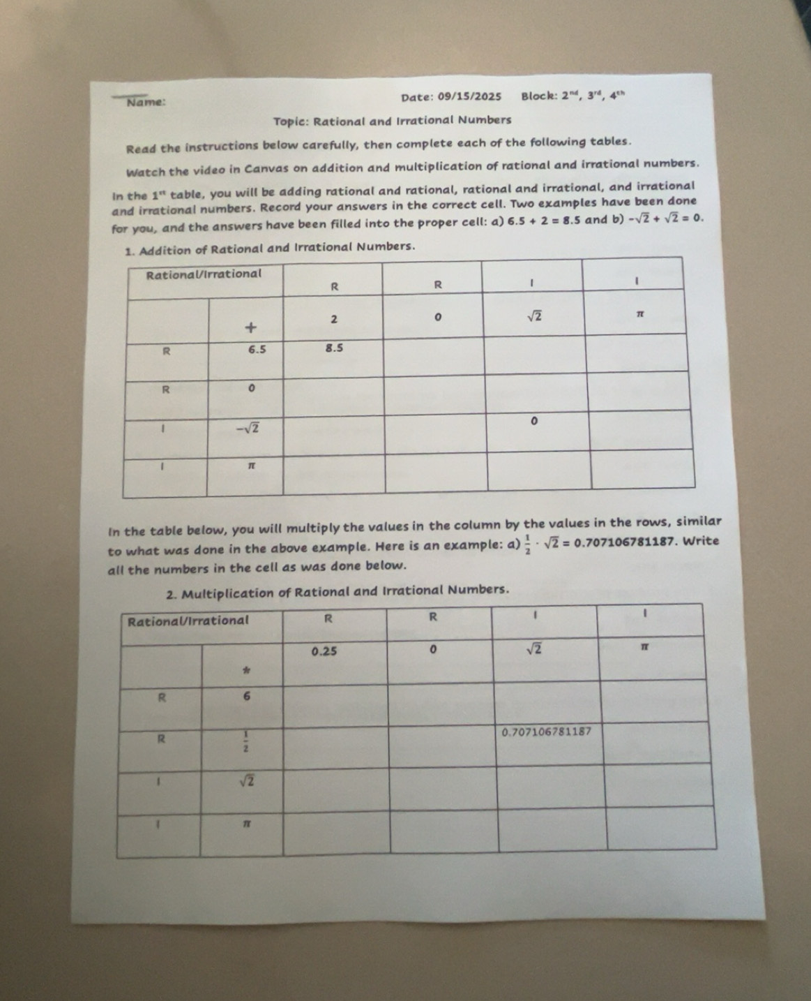 Solved: Name: Date: 09/15/2025 Block: 2^(nd),3^(rd),4^(th) Topic ...