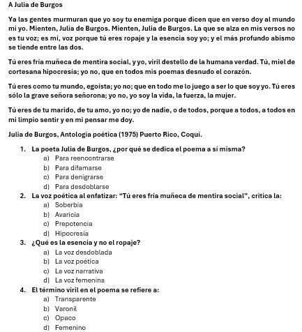 Resuelto:A Julia de Burgos Ya las gentes murmuran que yo soy tu enemiga ...