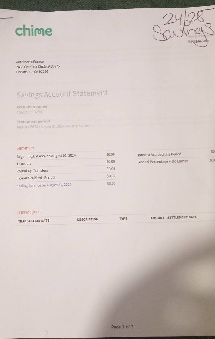 Solved: chime Xng (844) 244-6363 Antoinette Franco 2438 Catalina Circle ...