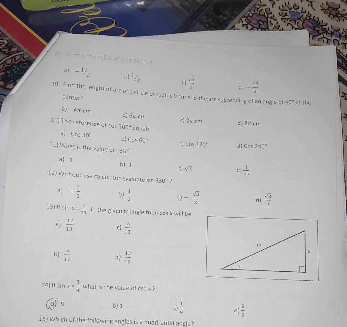 Solved: What is the value of sin (-300°) a) - 1/2 b) ¹/z c) sqrt(3)/2 d ...