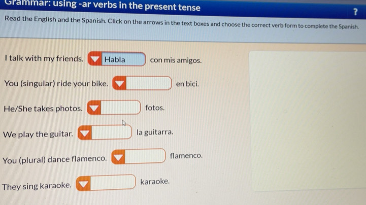 Gelöst:Grammar: using -ar verbs in the present tense ? Read the English ...