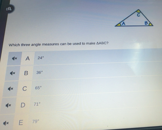 Solved: [A Which three angle measures can be used to make ABC ? |x A 24 ...