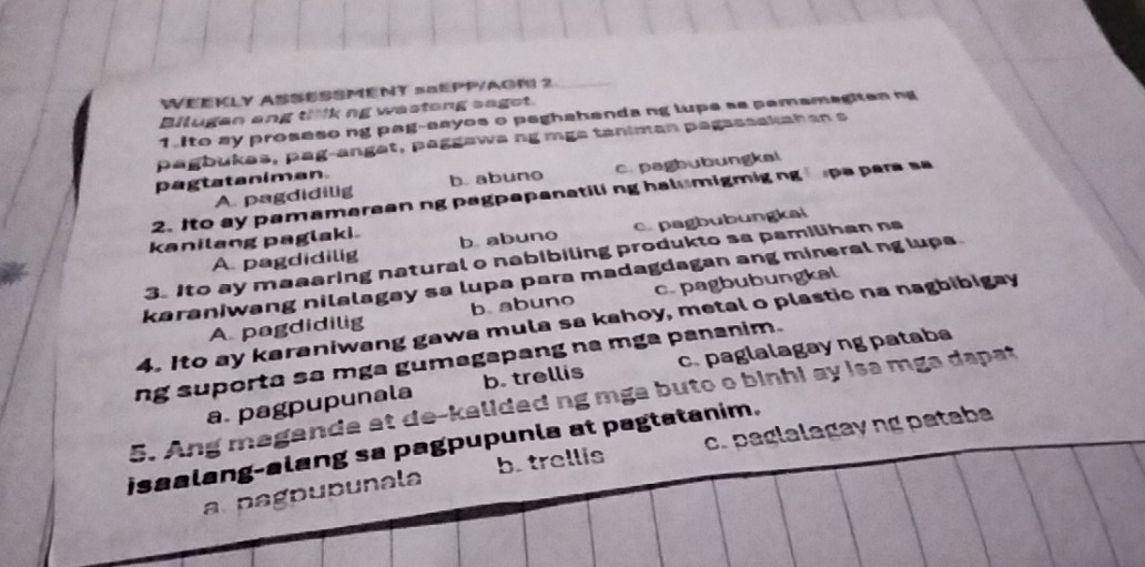 Solved: WEEKLY ASSESSMENT saEPP/AG 2_ Bilugan ang tinking wastong saget ...