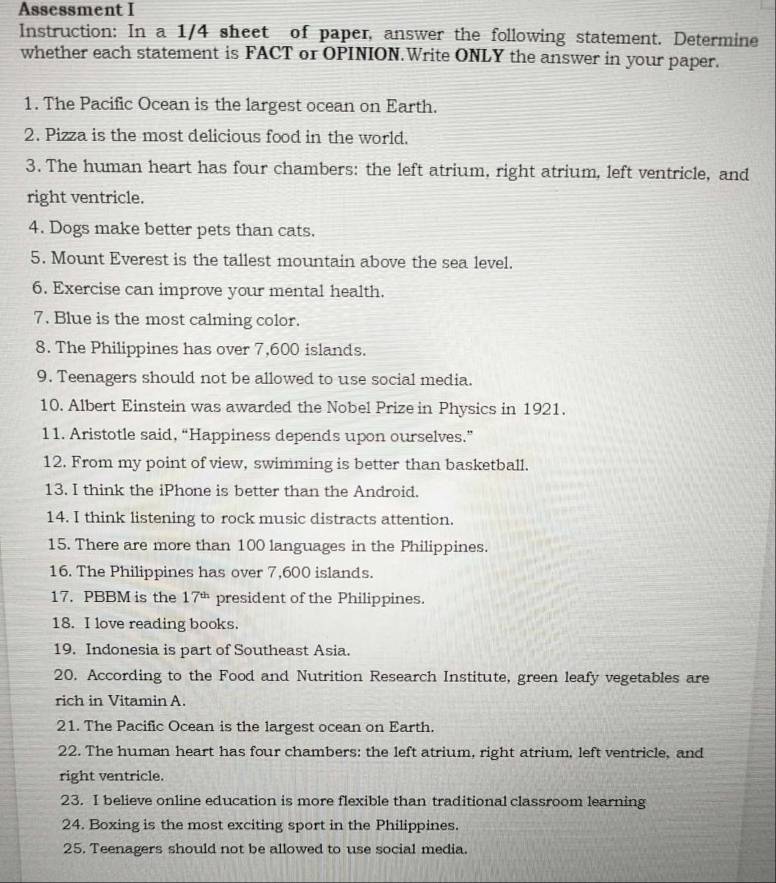 Solved: Assessment I Instruction: In a 1/4 sheet of paper, answer the ...