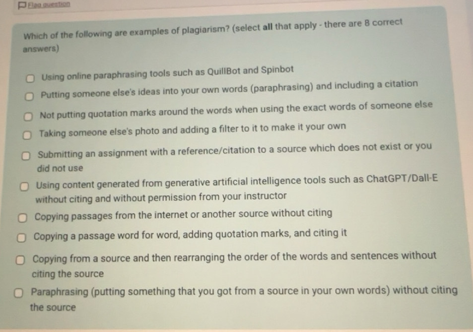 Solved: Flag question Which of the following are examples of plagiarism ...
