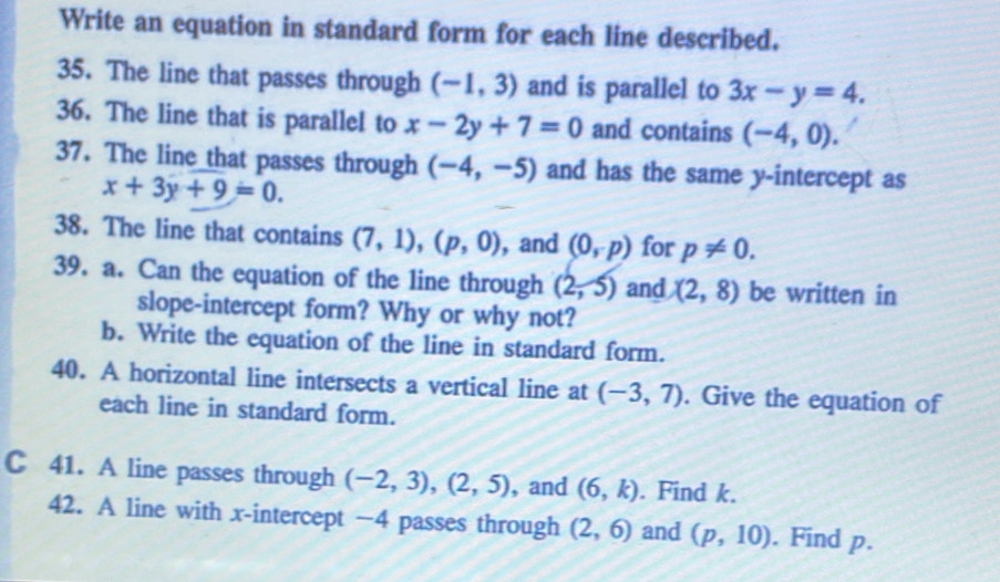 Solved: Write an equation in standard form for each line described. 35 ...