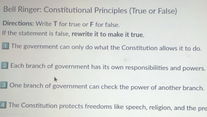 Gelöst:Bell Ringer: Constitutional Principles (True or False ...
