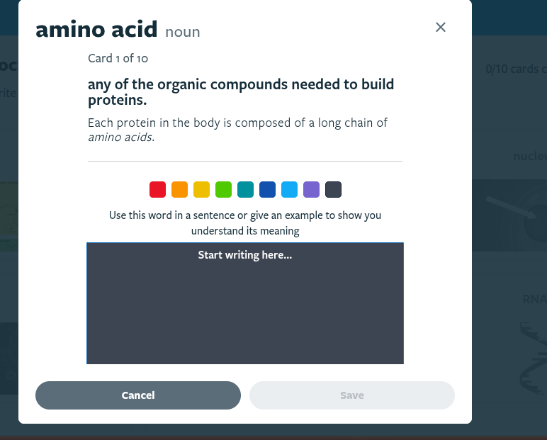 Solved: amino acid noun OC Card 1 of 10 0/10 cards c any of the organic ...
