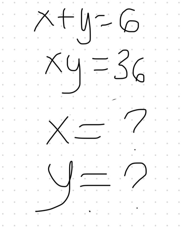 Solved: x+y=6 xy=36 x=? y=? [Math]