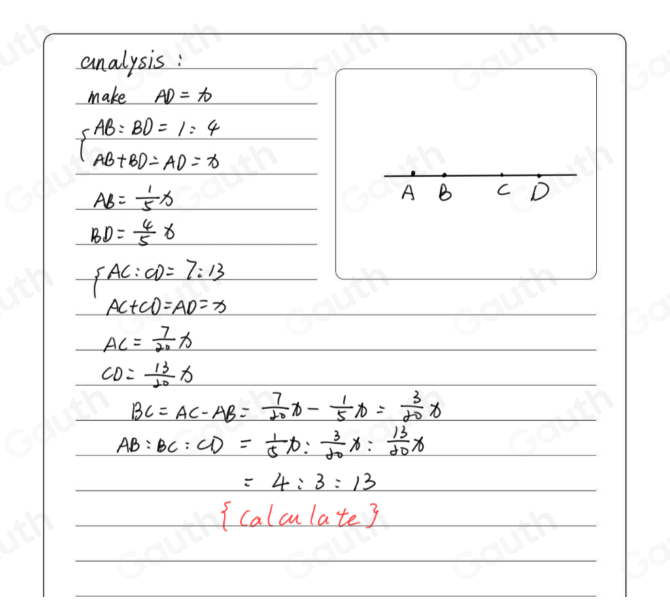 Solved: The points A, B, C and D lie in order on a straight line. AB:BD=1:4 AC:CD=7:13 Work out ...