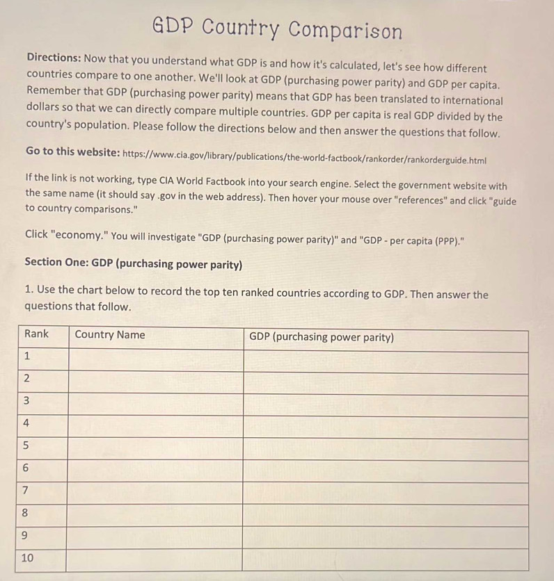 Solved: GDP Country Comparison Directions: Now that you understand what GDP is and how it's ...