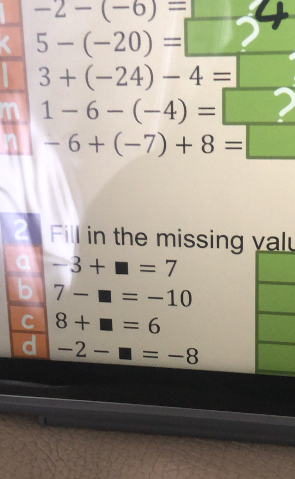 Solved: -2-(-6)= 5-(-20)= 3+(-24)-4= 1-6-(-4)= 2 -6+(-7)+8= 2 Fill in ...