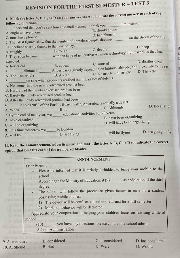 Giải quyết:REVISION FOR THE FIRST SEMESTER - TEST 3 I. Mark the letter ...
