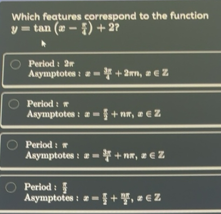 Solved: Which features correspond to the function y=tan (x- π /4 )+2 ...