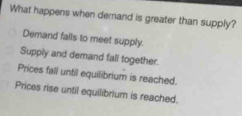 Solved: What happens when demand is greater than supply? Demand fails ...