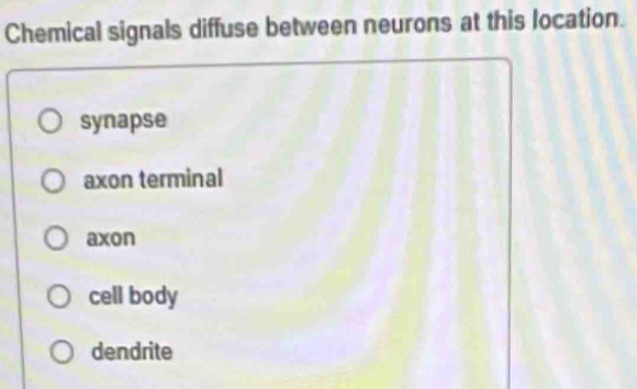 Solved: Chemical signals diffuse between neurons at this location ...