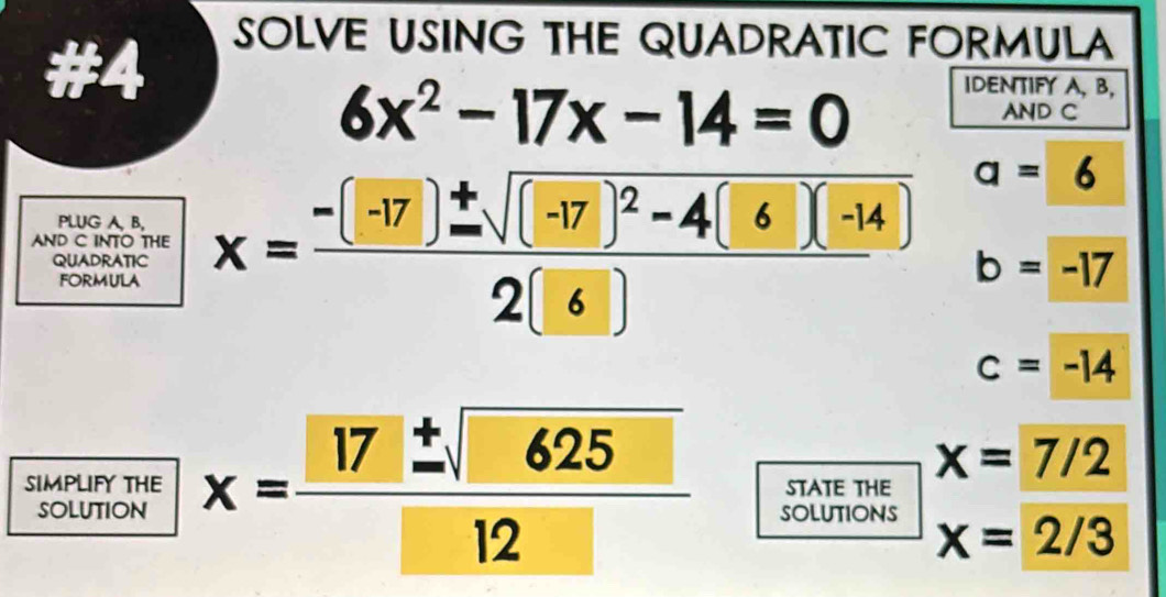 Solved: #4 SOLVE USING THE QUADRATIC FORMULA 6x^2-17x-14=0 IDENTIFY A, B, AND C a=6 PLUG , B, A ...
