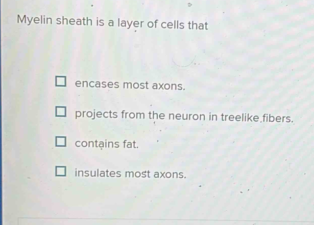 Solved: Myelin sheath is a layer of cells that encases most axons ...