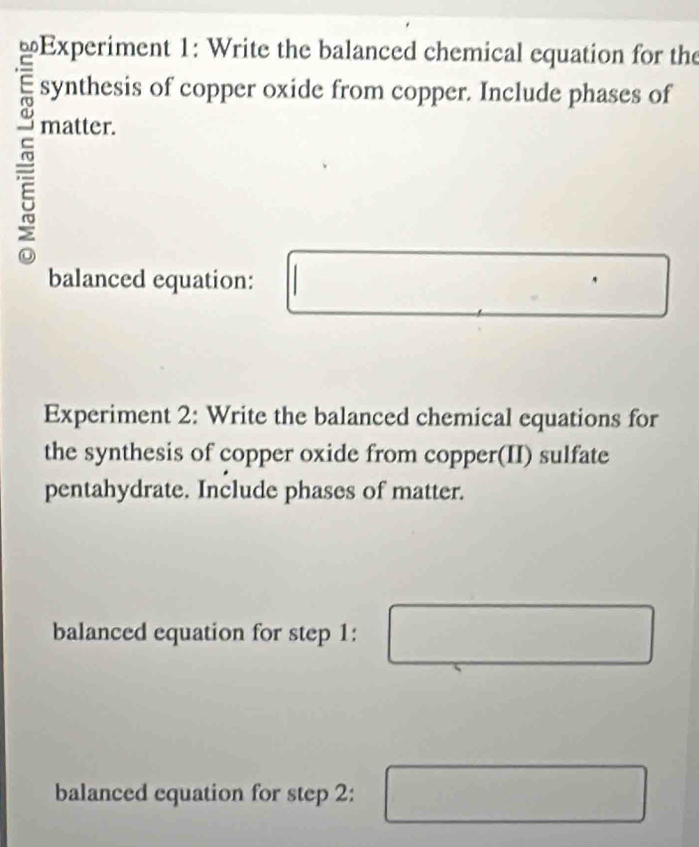 Solved: ⊥Experiment 1: Write the balanced chemical equation for the C ...