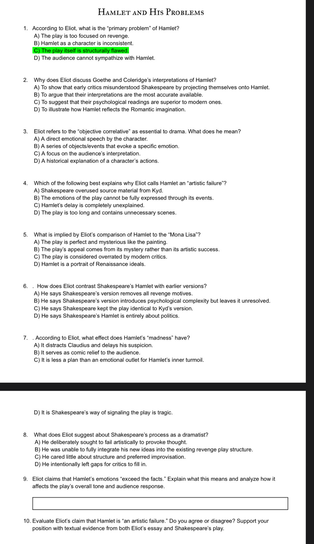 Solved: Hamlet and His Problems 1. According to Eliot, what is the ...