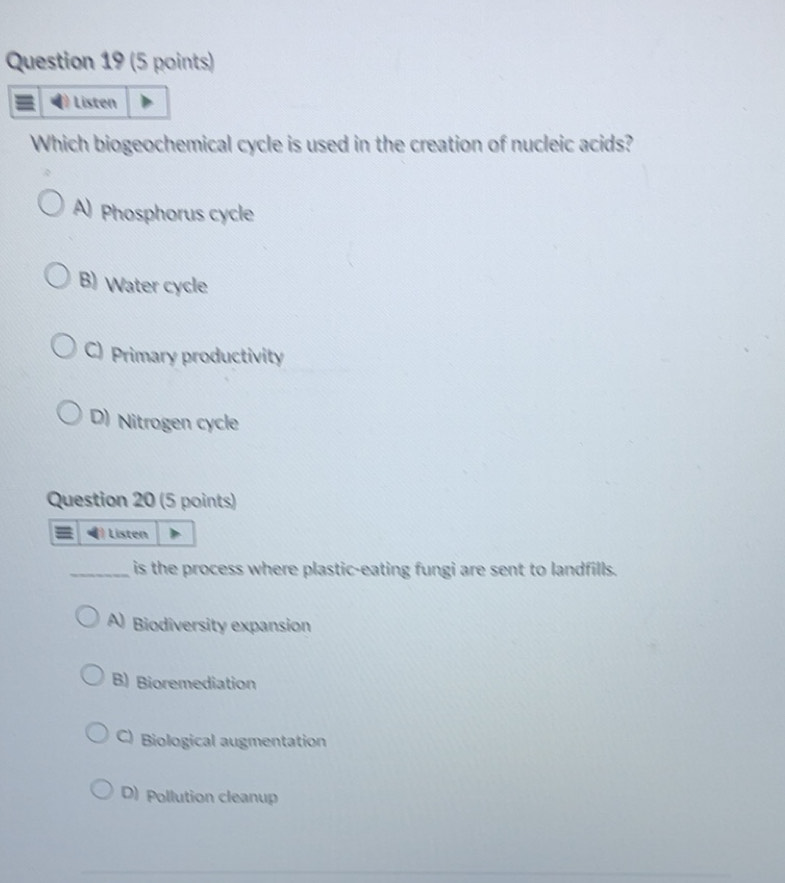 Solved: Listen Which biogeochemical cycle is used in the creation of ...
