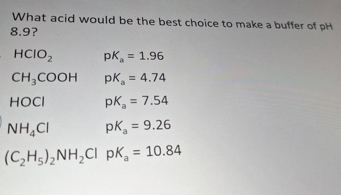 Solved: What acid would be the best choice to make a buffer of pH 8.9 ...