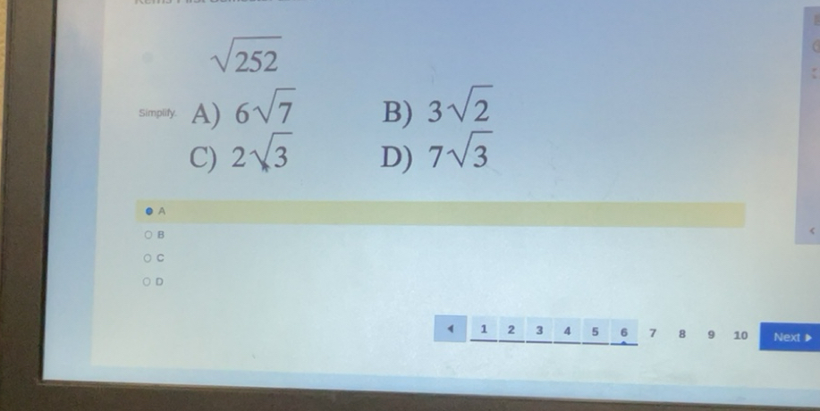 Solved: sqrt(252) a Simplify. A) 6sqrt(7) B) 3sqrt(2) C) 2sqrt(3) D ...