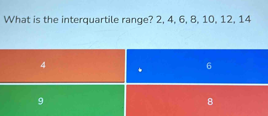 Solved: What is the interquartile range? 2, 4, 6, 8, 10, 12, 14 4 6 9 8 ...