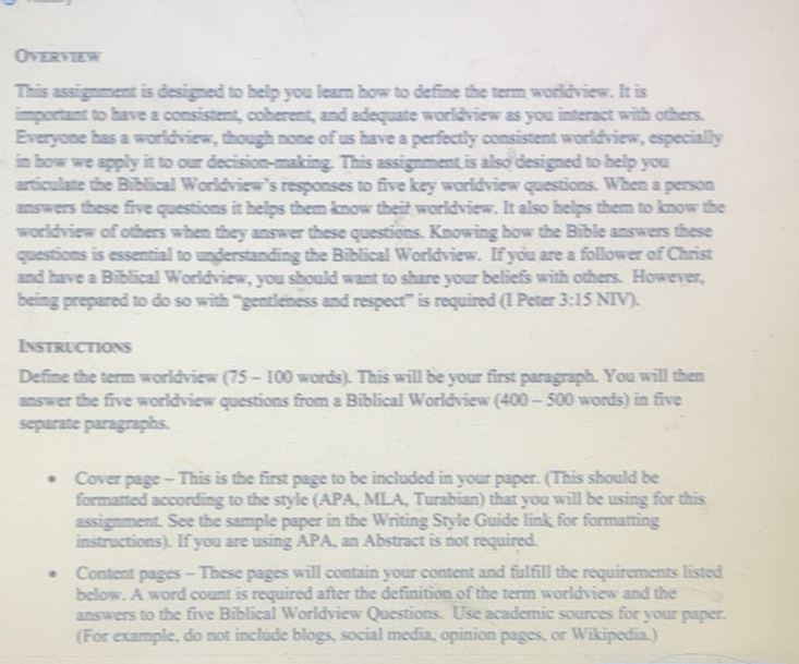 Solved: Overview This assignment is designed to help you learn how to define the term worldview ...