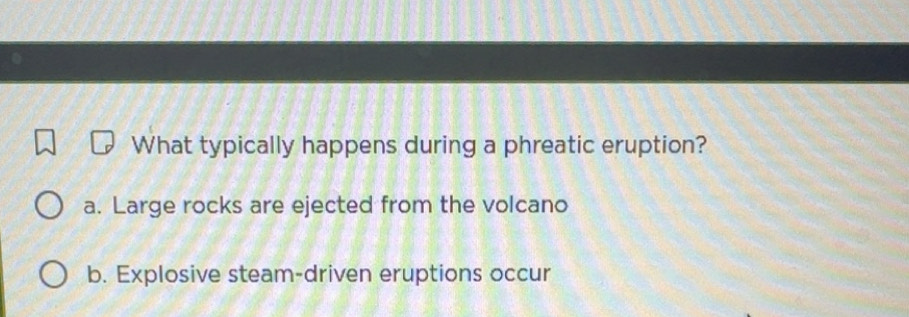Solved: What typically happens during a phreatic eruption? a. Large ...