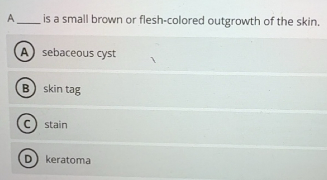 Solved: A_ is a small brown or flesh-colored outgrowth of the skin. A ...
