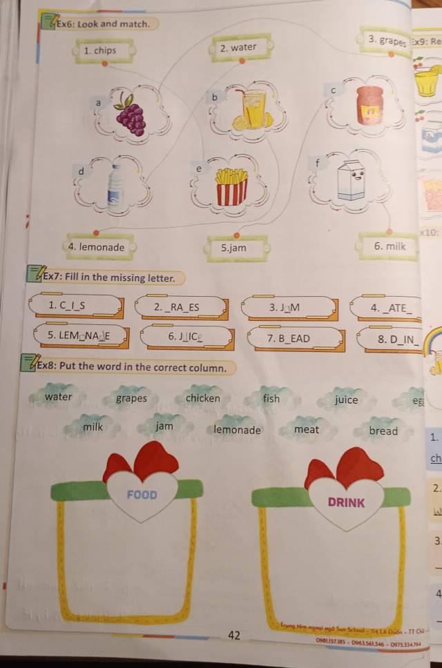 Giải quyết:Ex6: Look and match. 3. grapes 1. chips 2. water x9: Re C b ...