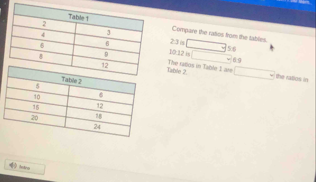 Solved: am Compare the ratios from the tables. 2:3 is 5:6 10:12 is ν 6: ...