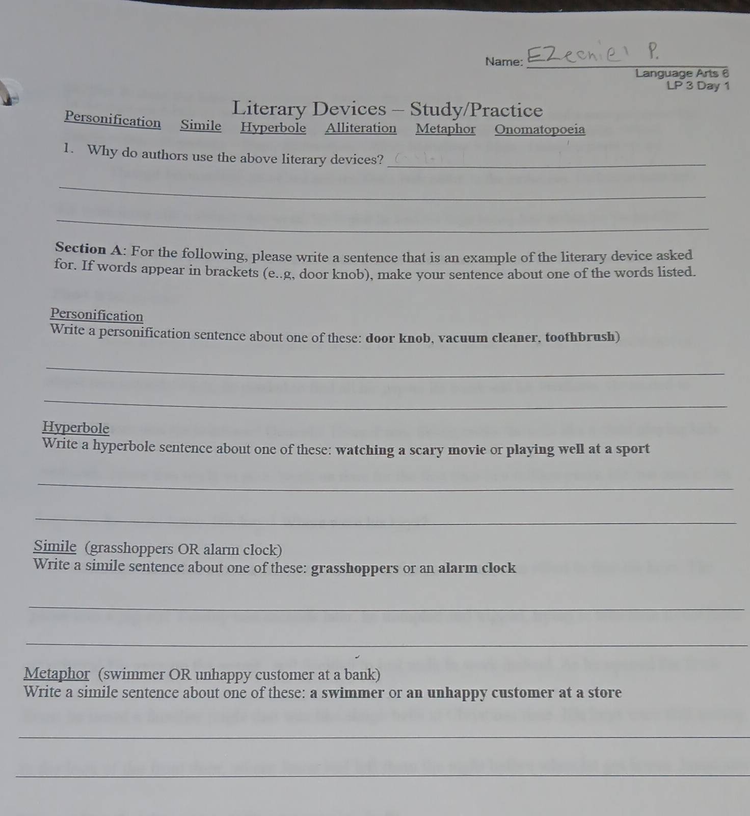 Solved: Name:_ Language Arts 6 LP 3 Day 1 Literary Devices - Study ...