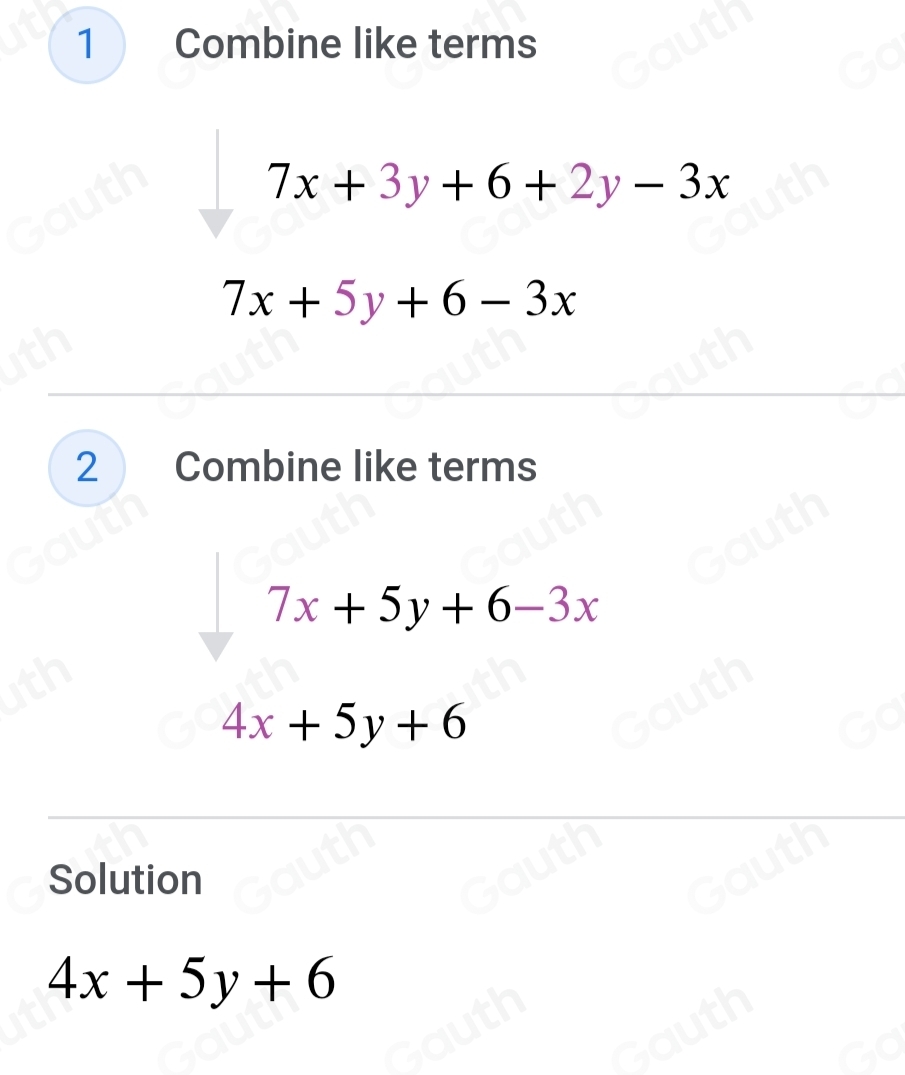 Solved: Fully simplify 7x+3y+6+2y-3x [Math]