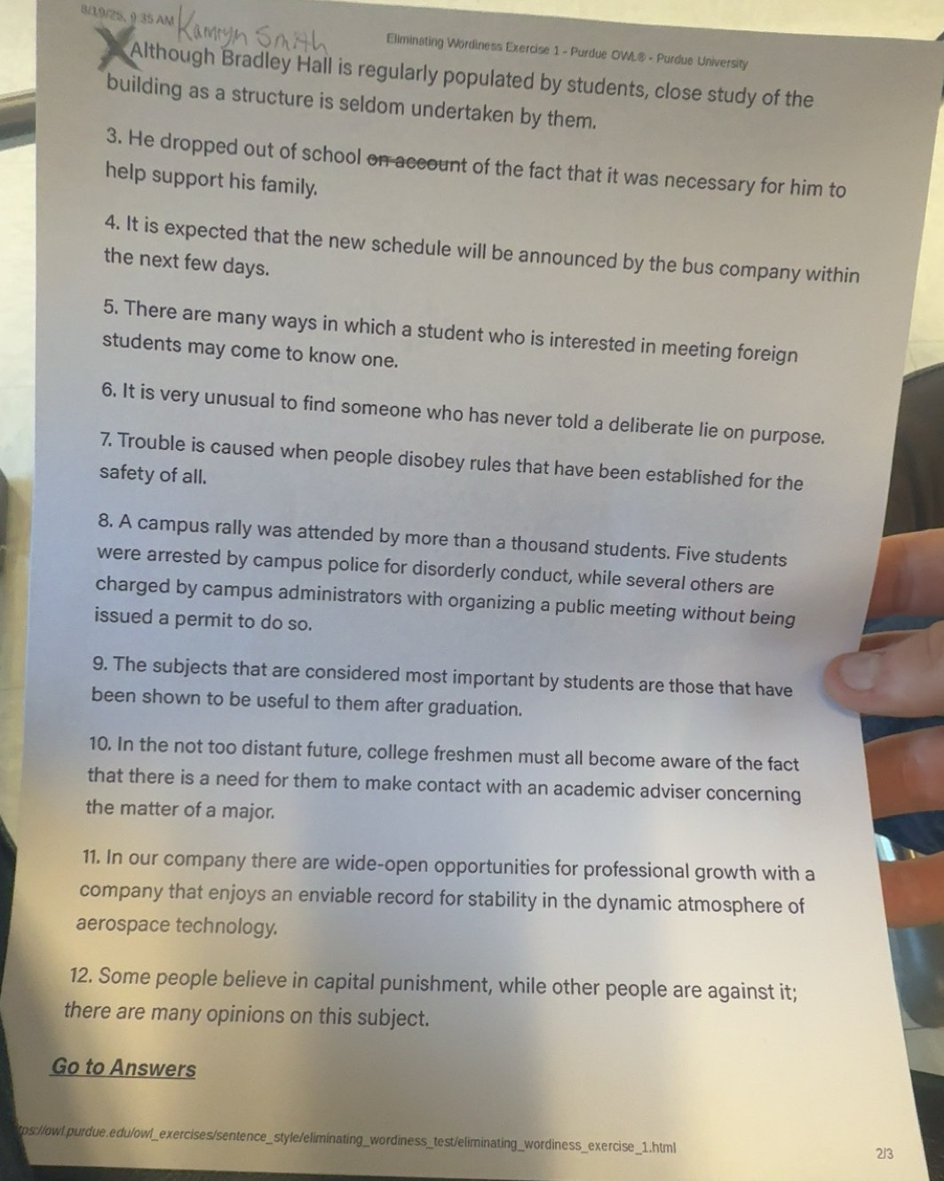 Solved: 8/19/25, ) 35 AM Eliminating Wordiness Exercise 1 - Purdue OW ...