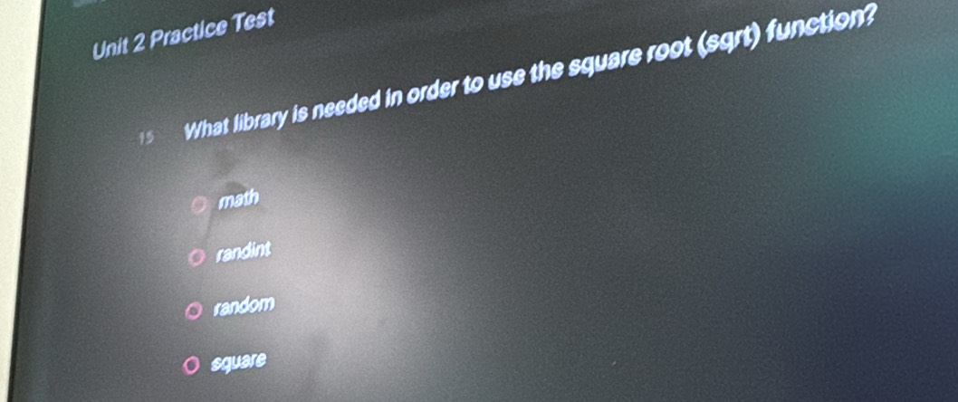 Solved: Practice Test What library is needed in order to use the square ...