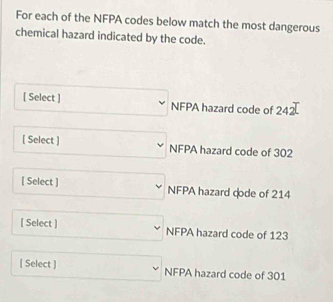 Solved: For each of the NFPA codes below match the most dangerous ...