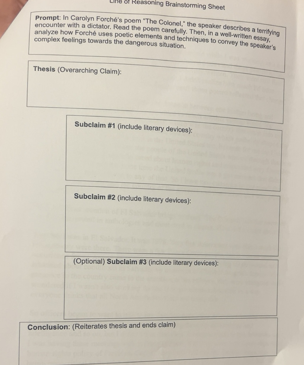 Gelöst:Lne of Reasoning Brainstorming Sheet Prompt: In Carolyn Forché’s ...