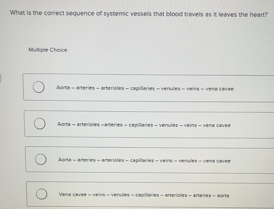 Solved: What is the correct sequence of systemic vessels that blood ...
