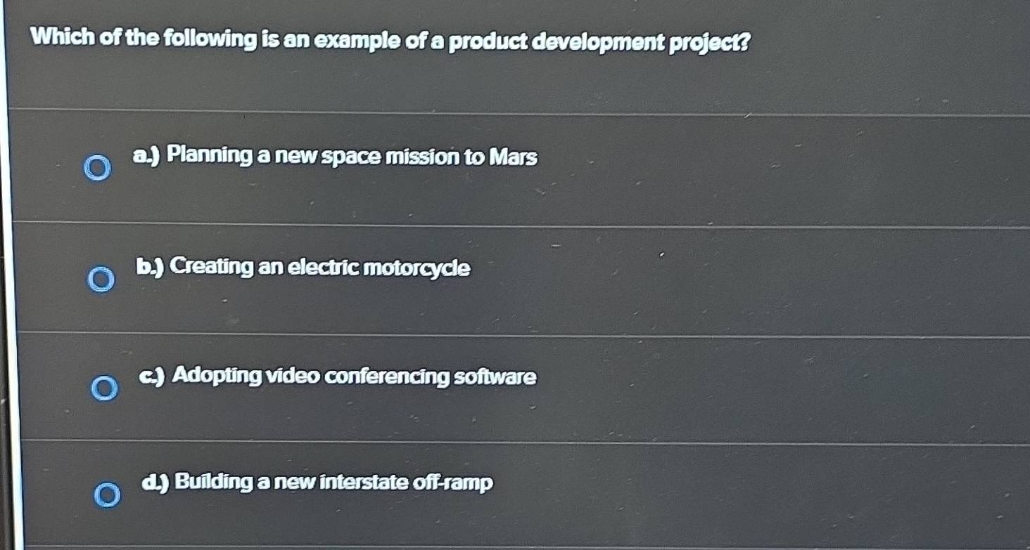 Solved: Which of the following is an example of a product development ...