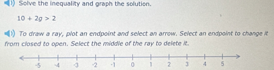Solved: Solve the inequality and graph the solution. 10+2g>2 To draw a ...