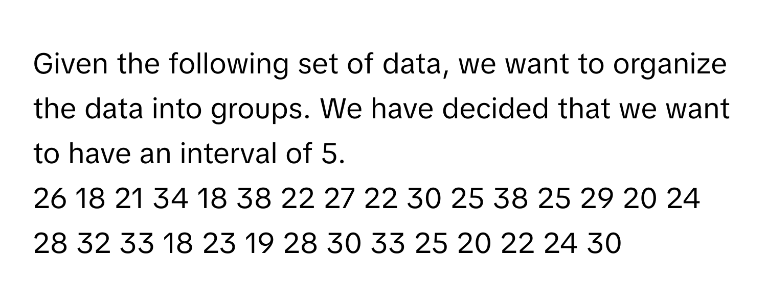 Solved: Given the following set of data, we want to organize the data ...