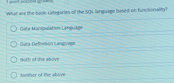 Solved: possible (graded) What are the basic categories of the SQL ...