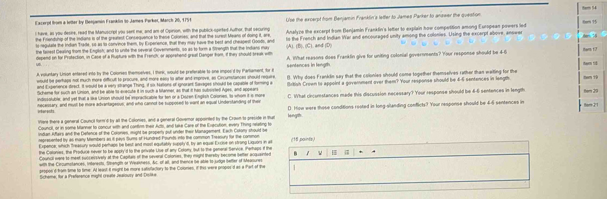 Solved: Excerpt from a letter by Benjamin Franklin to James Parker, March 20, 1751 Use the ...